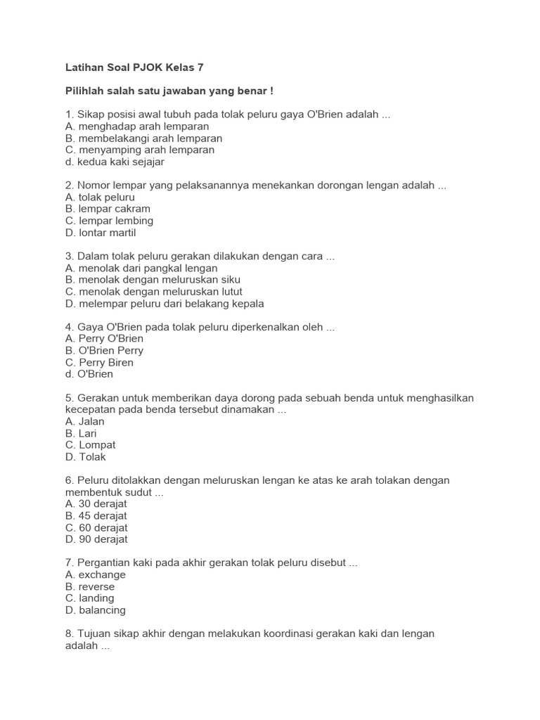 Bagi Latihan Soal PJOK Kelas 7 (2) | PDF