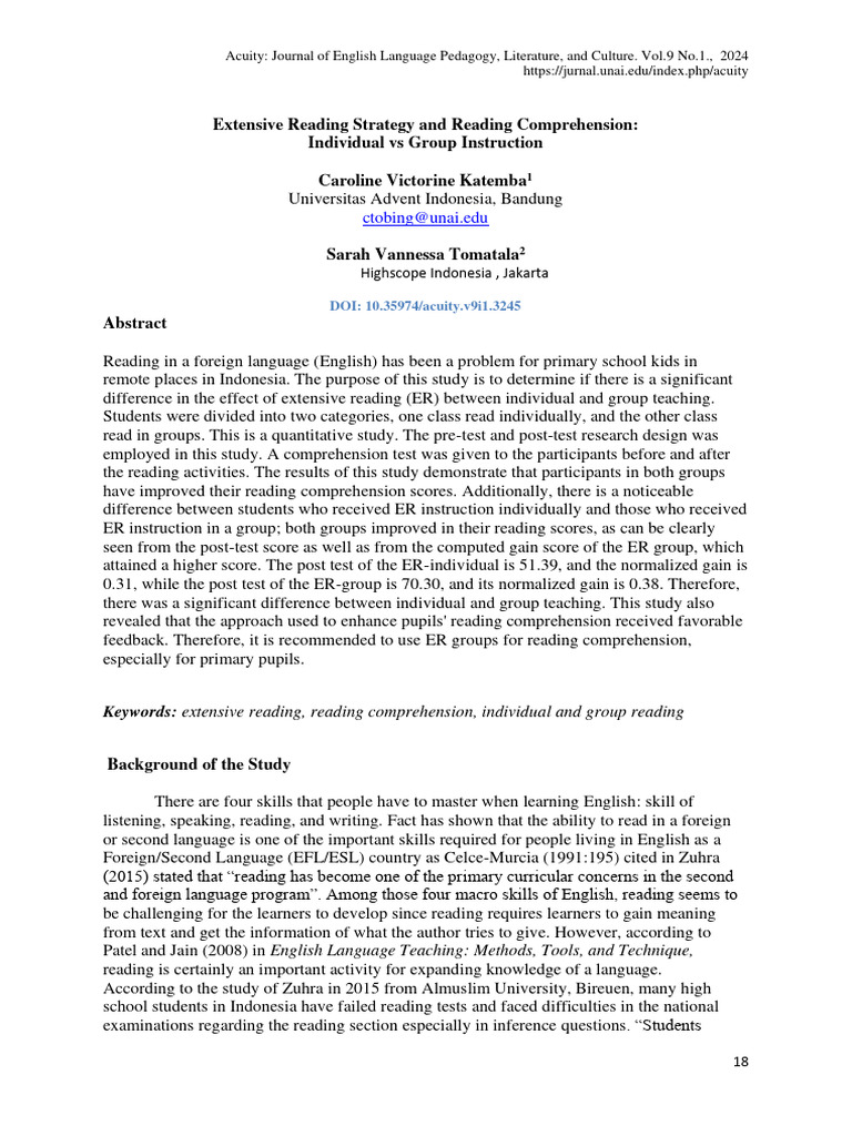 Extensive Reading Strategy and Reading Comprehension Individual Vs ...