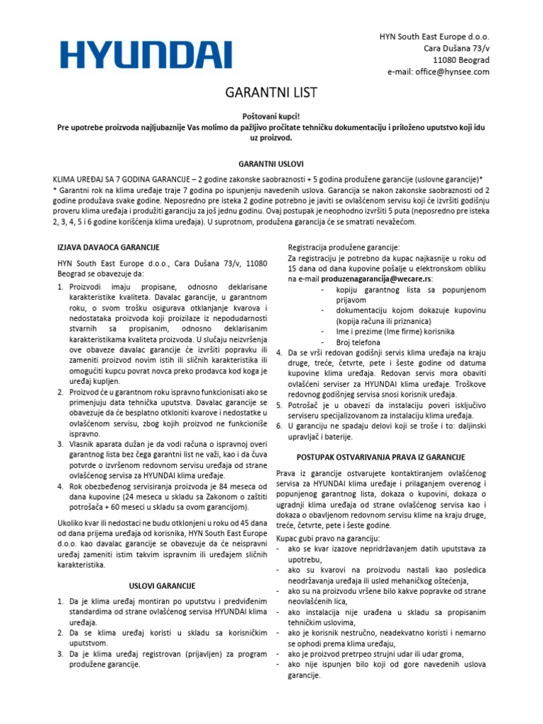 Garantni-List-Hyundai-Klima 2022 | PDF