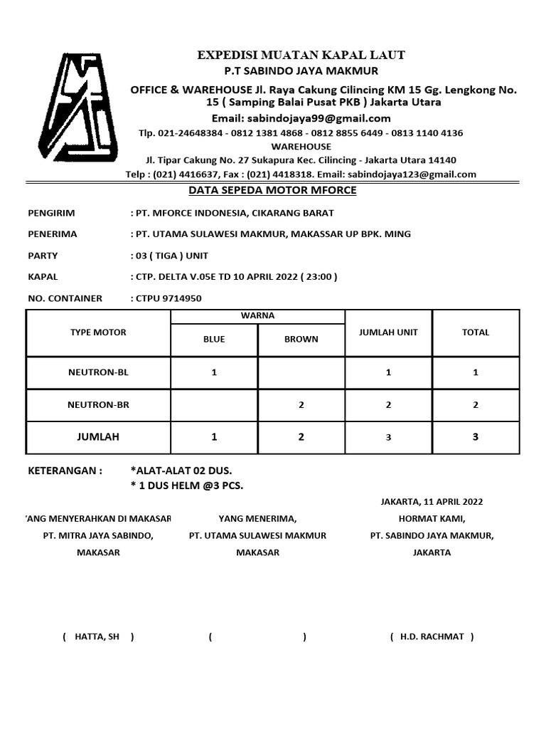 Perincian Motor Mforce Ke Makassar Ctp. Delta V.05e TD 10 April 2022 | PDF