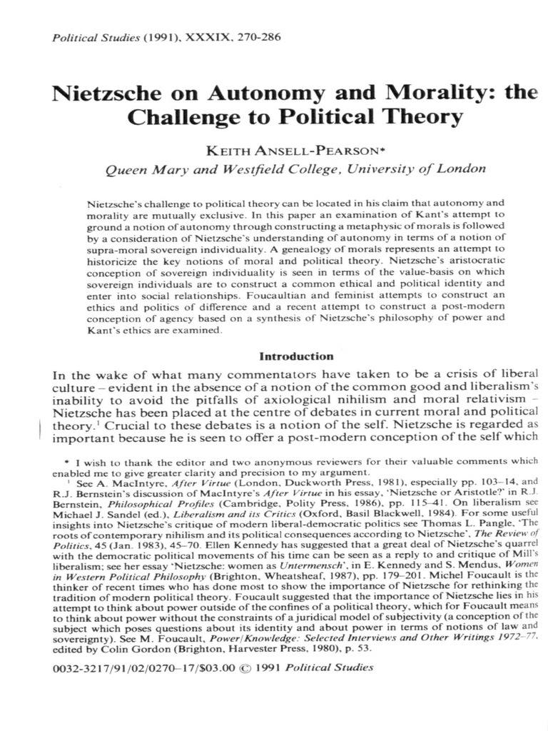 Nietzsche On Autonomy and Morality: The Challenge To Political Theory | PDF | Immanuel Kant ...