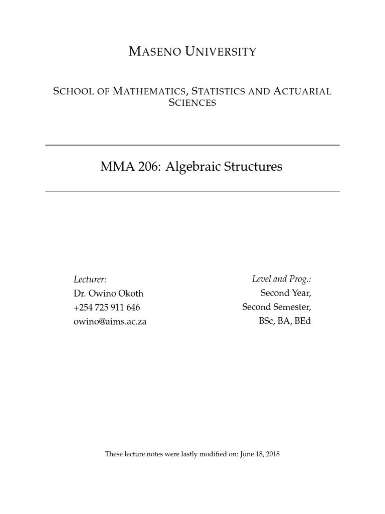 MMA 206 - Alg - Structures | PDF | Group (Mathematics) | Ring (Mathematics) MMA 206 - Alg - Structures | PDF | Group (Mathematics) | Ring (Mathematics)