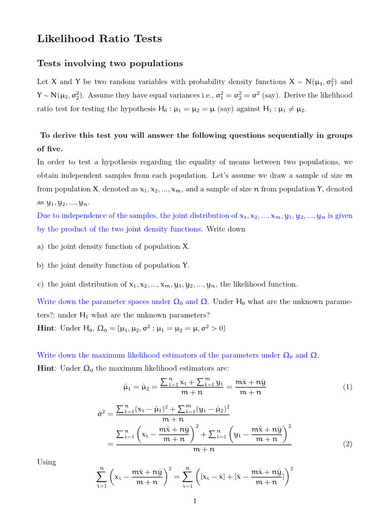 Likelihood Ratio Tests: Tests Involving Two Populations | PDF ...