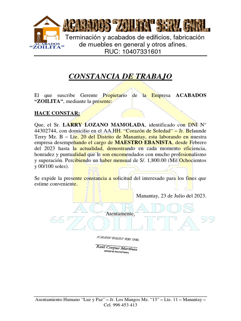 Constancia de Trabajo: Maestro Ebanista | PDF