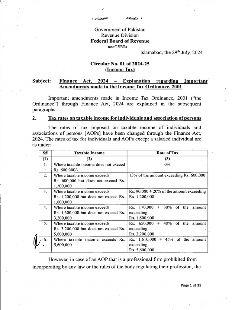 IT Circular 01 of 2024-25 - Explanation of Finance Act 2024-25 | PDF
