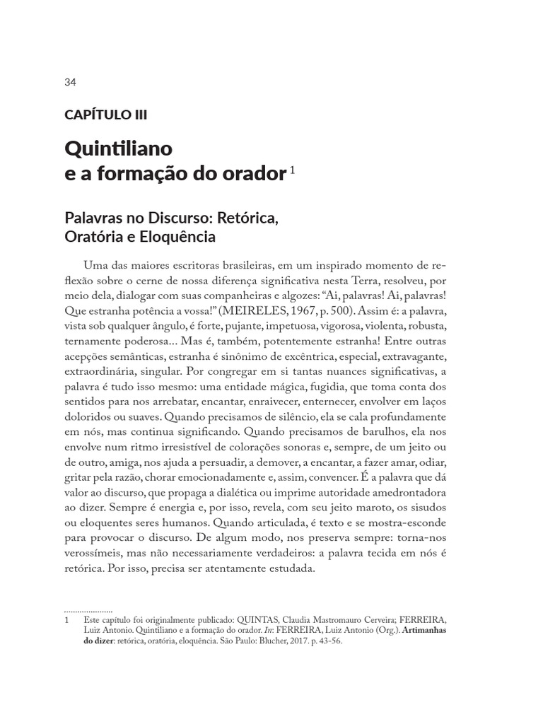 Quintiliano e A Formacao Do Orador - OpenAccess-Quintas-9786555501018-03 | PDF | Palestra | Retórica