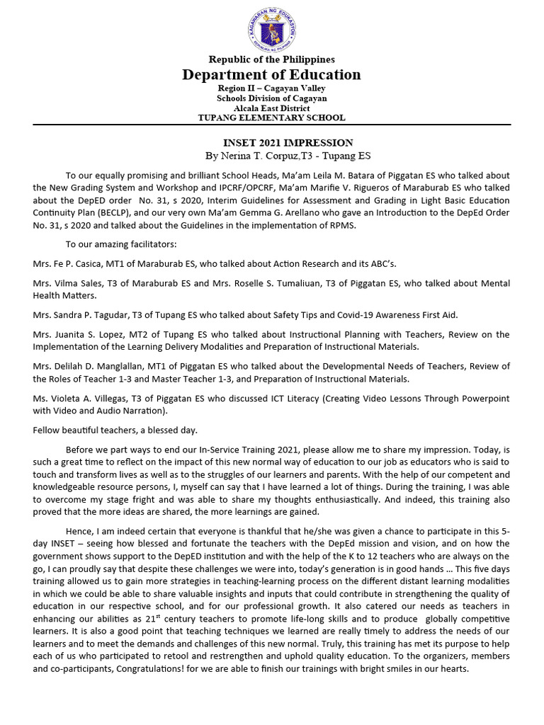 Impression INSET | PDF | Learning | Behavior Modification