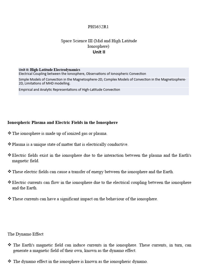 Unit II High-Latitude Electrodynamics | PDF | Magnetohydrodynamics | Plasma (Physics)