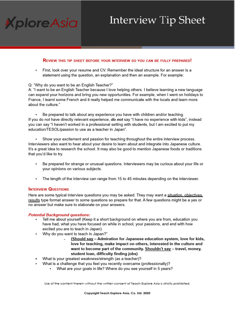 Interview Tip Sheet - Japan | PDF | Teachers | Experience