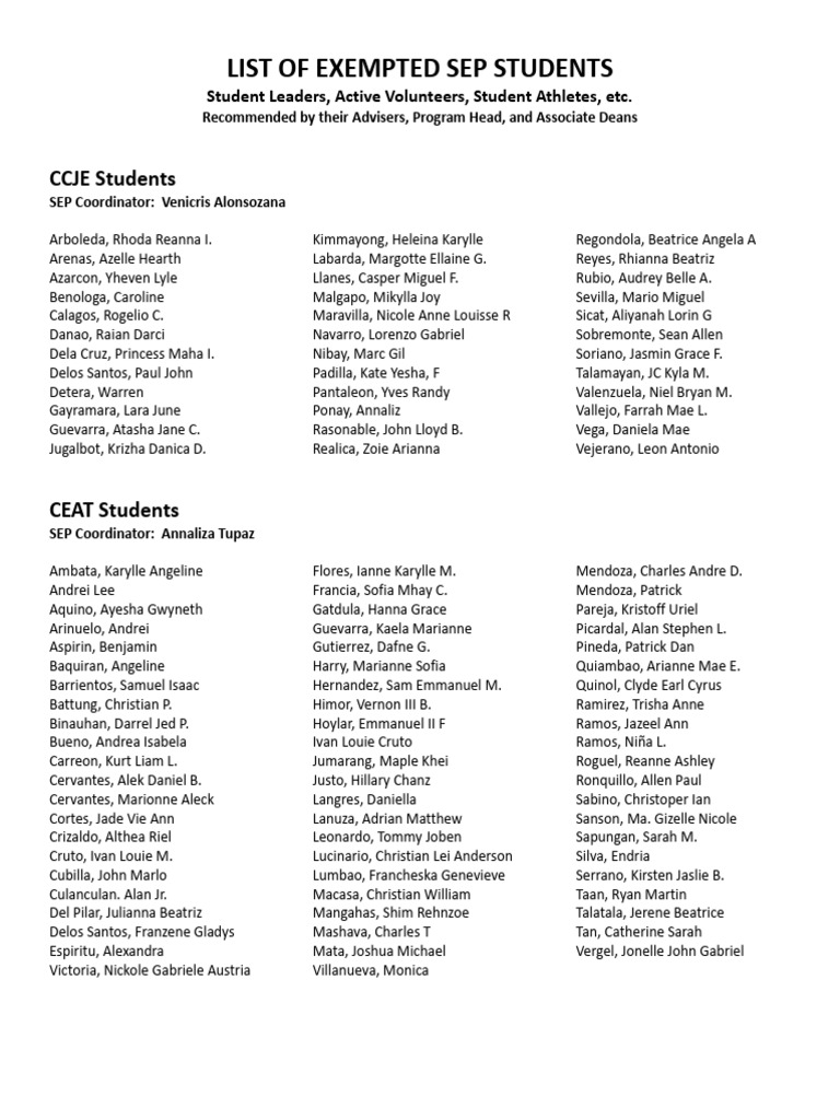 List of Exempted Sep Students Per College | PDF