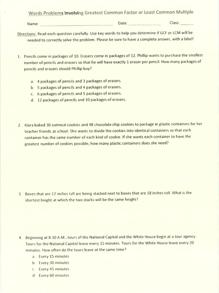 GCF and LCM Mixed Word Problems | PDF