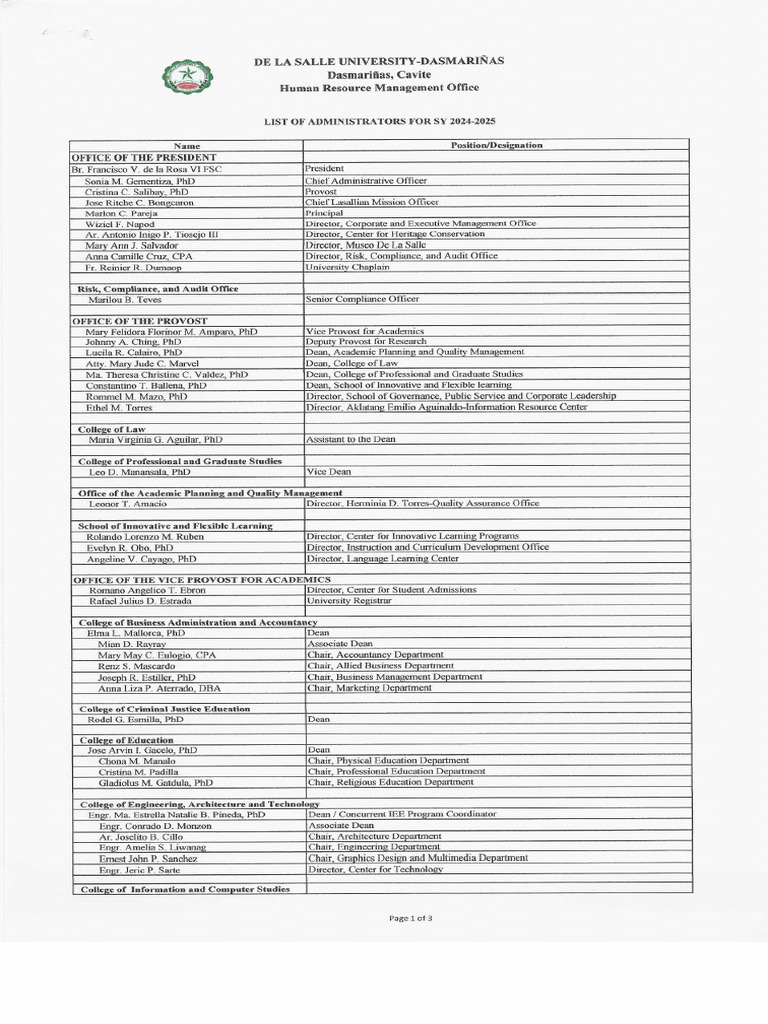 DLSU D Admininistrators SY 2024 2025 | PDF