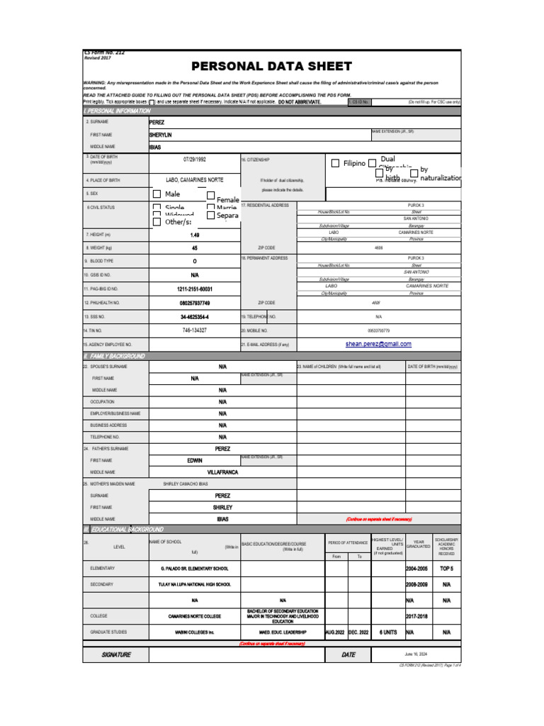 CS Form No. 212 Personal Data Sheet Revised | PDF | Government
