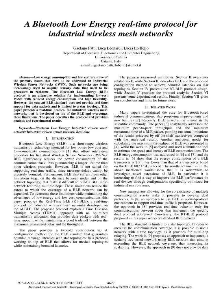 A Bluetooth Low Energy Real-Time Protocol For Industrial Wireless Mesh ...