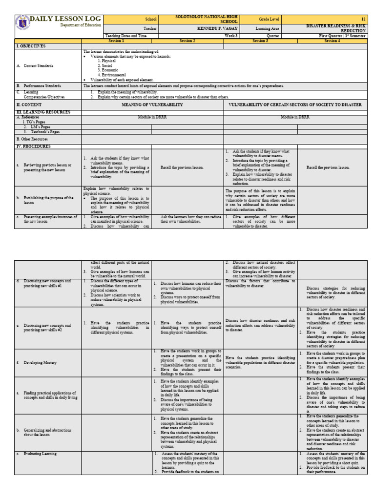 DLL DRRR Quarter 1 Week 3 | PDF | Disaster Risk Reduction | Learning