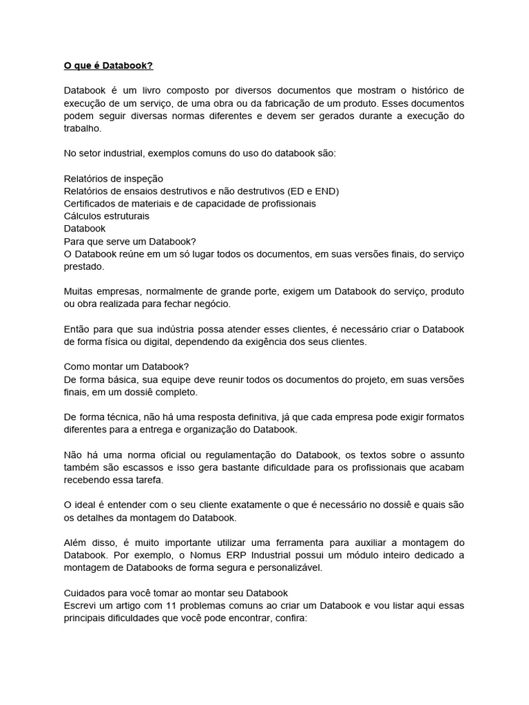 o que é o Databook | PDF | Bancos de dados | Planejamento de recursos ...