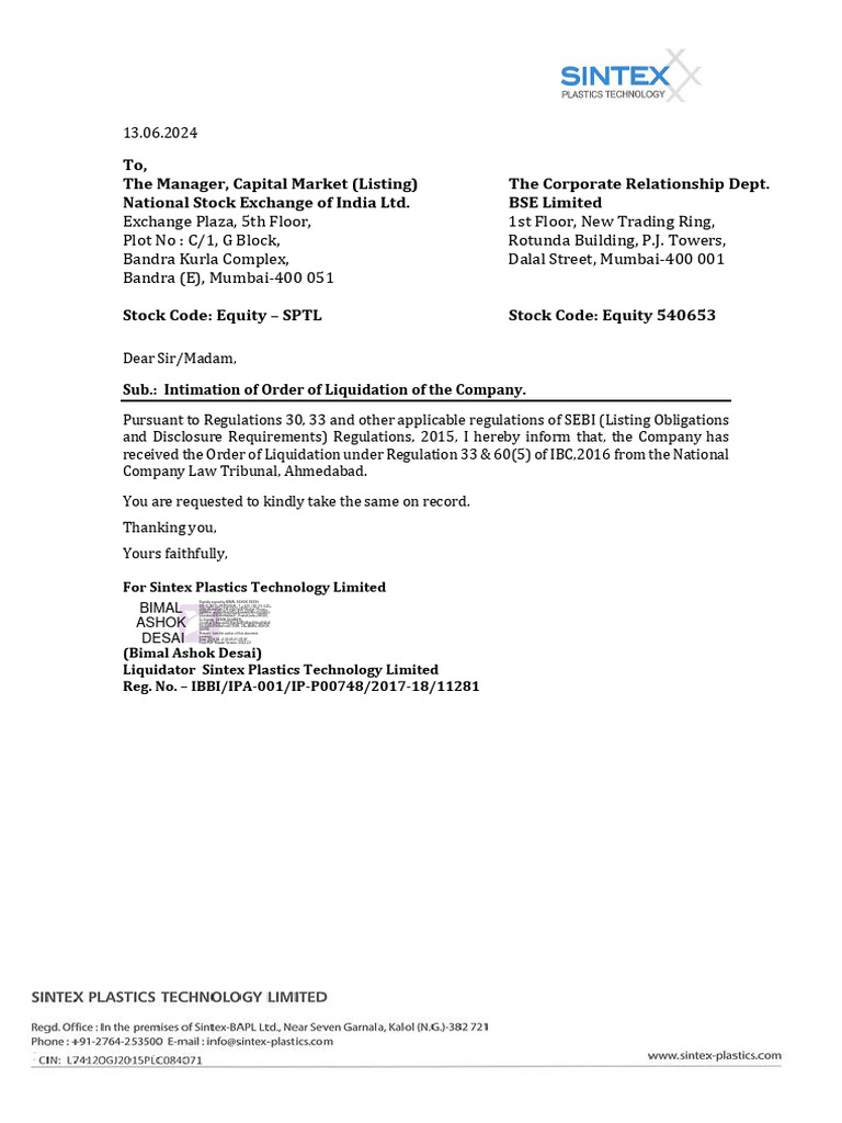 Sintex Plastics Liquidation Order Notice | PDF | Bankruptcy | Liquidation