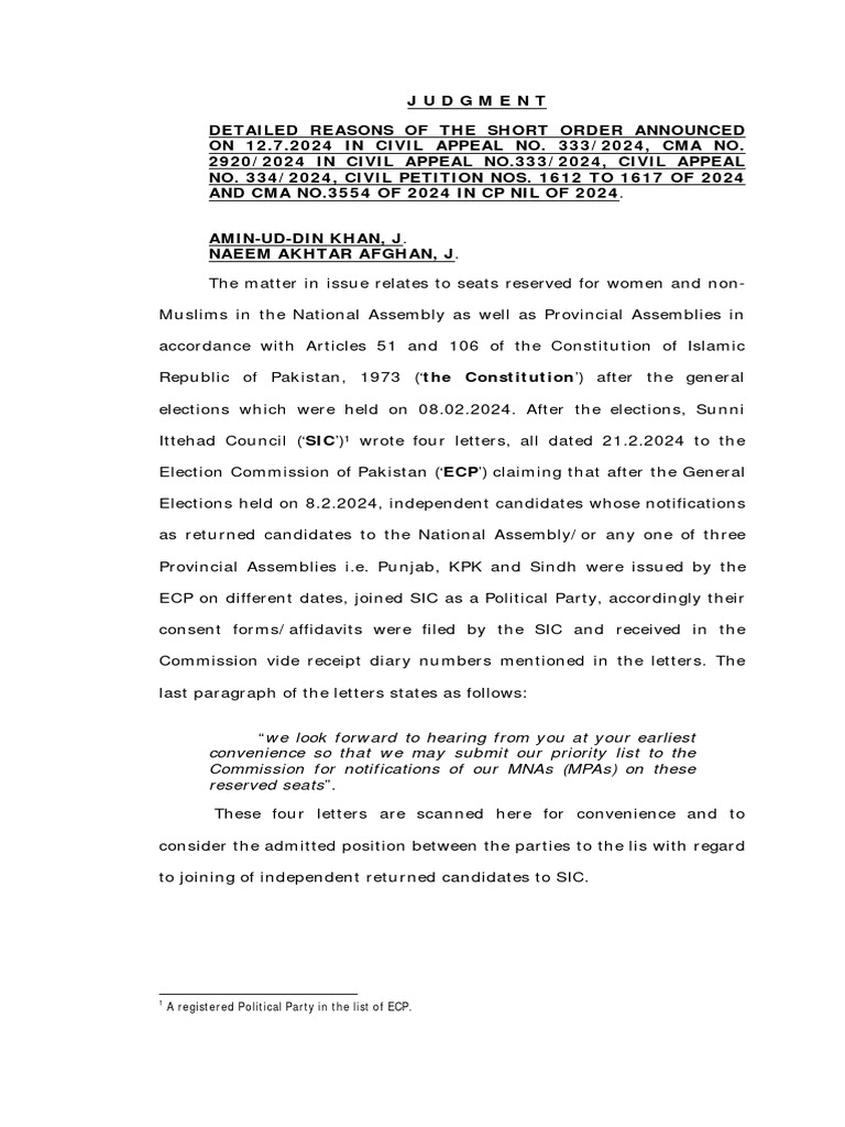Judgment on Reserved Seats in Pakistan Assembly | PDF | Judgment (Law ...