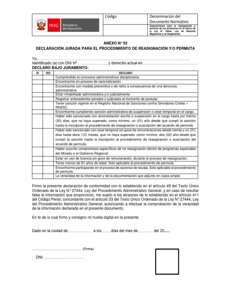 Anexo N 02 Declaracion Jurada para Reasignacion | PDF | Documento de identidad | Gobierno