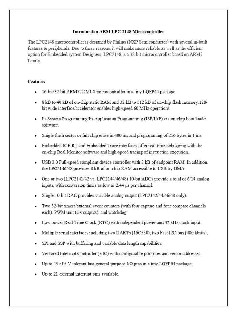 ARM LPC2148 Microcontroller Overview | PDF | P–N Junction | Microcontroller