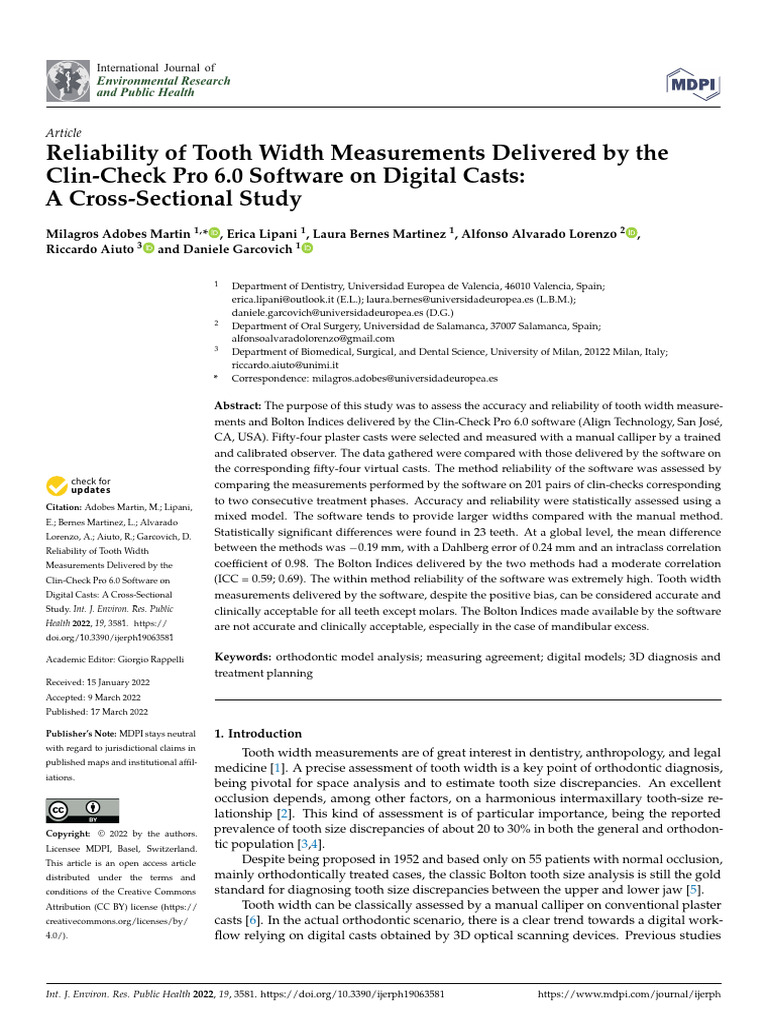 Reliability of Tooth Width Measurements Delivered by The | PDF ...