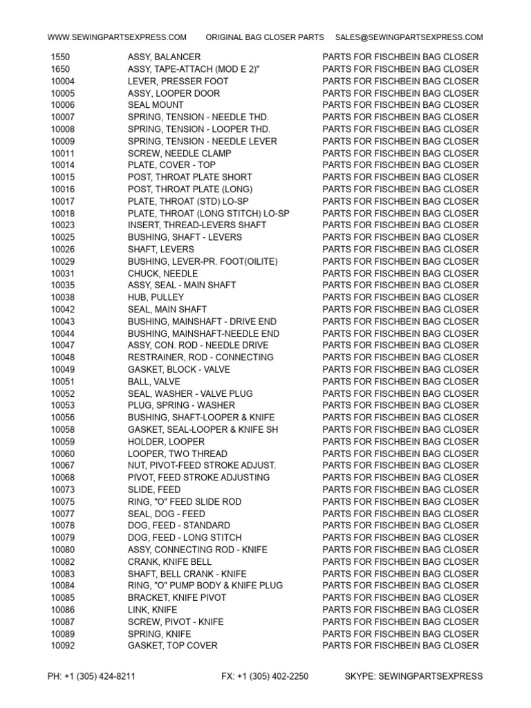 Fischbein Parts List Empress Model F | PDF | Sewing Machine | Valve