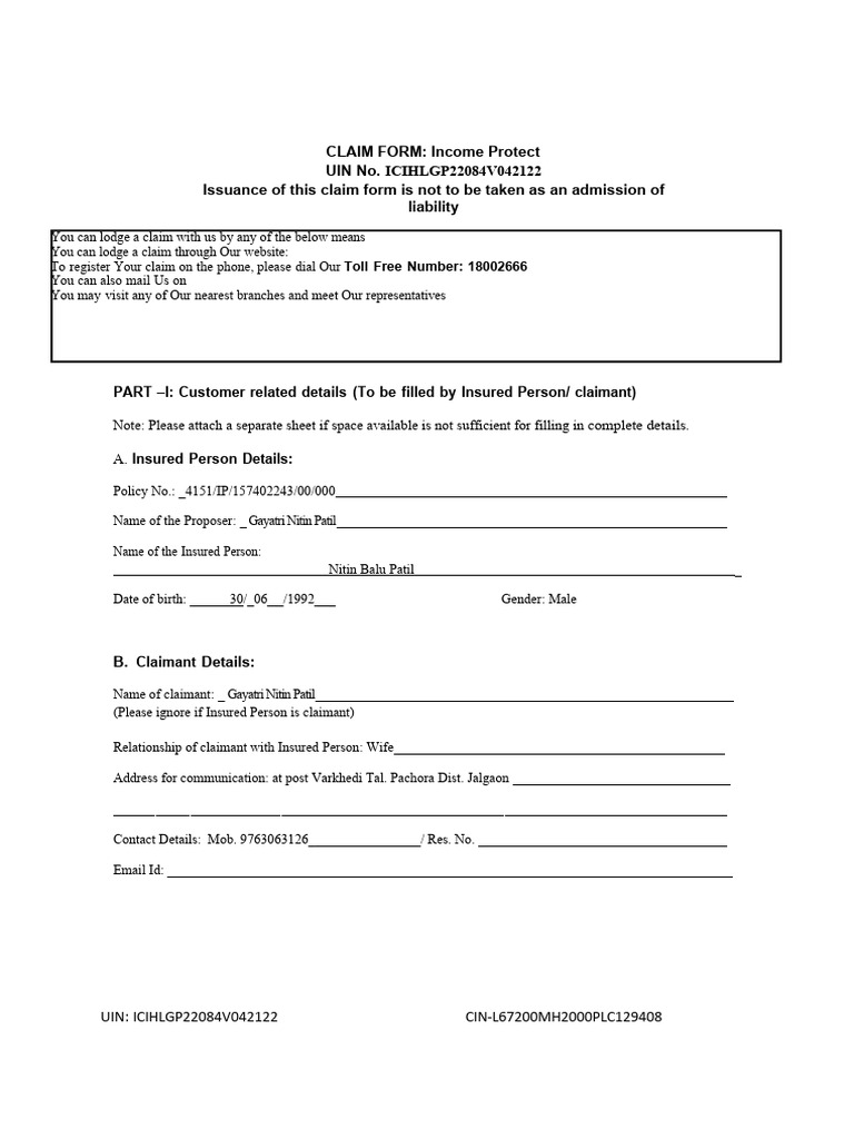Income Protect Claim Form | PDF | Insurance | Financial Services