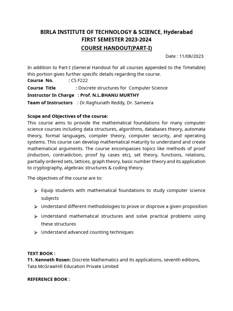 CS F222 Discr Struc For Comp Sci - Handout | PDF | Discrete Mathematics | Mathematics