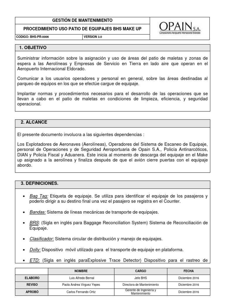 PROCEDIMIENTO USO PATIO DE EQUIPAJES BHS MAKE UP v4.0 | PDF ...