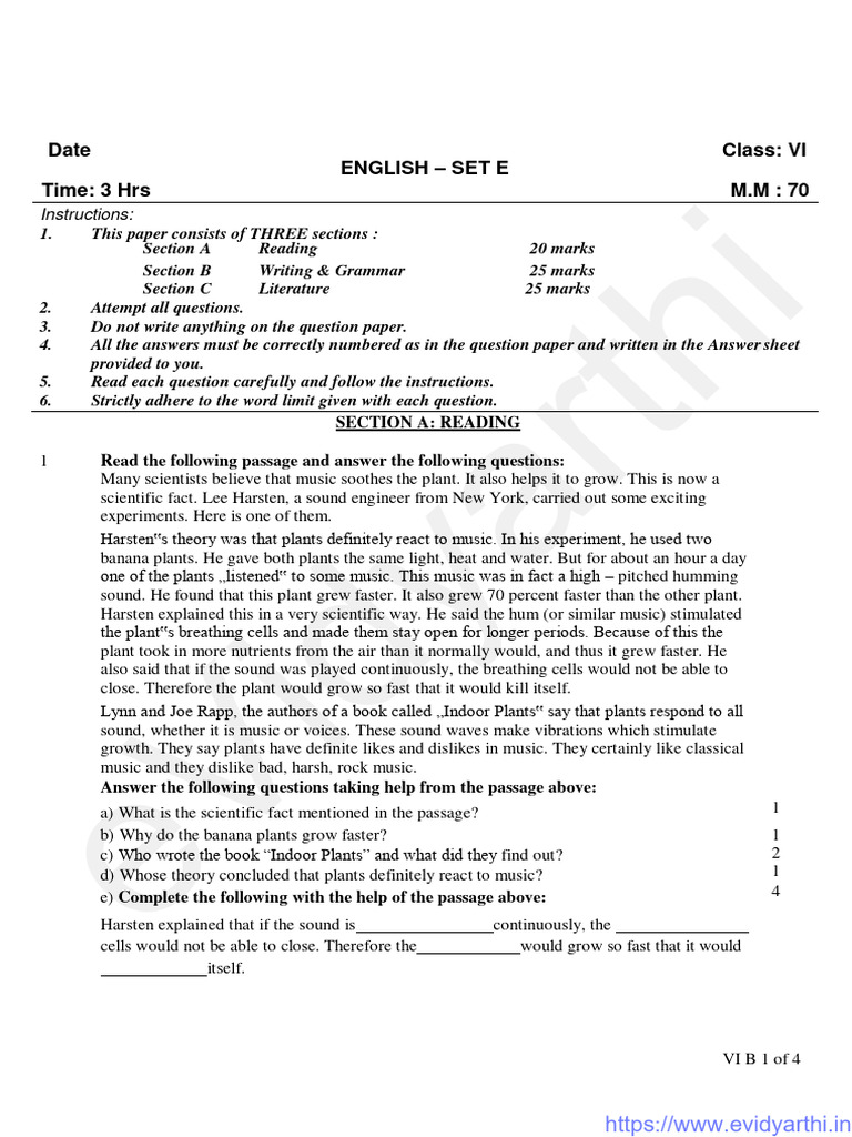 Class 6 English Sample Paper Set E | PDF | Huckleberry Finn