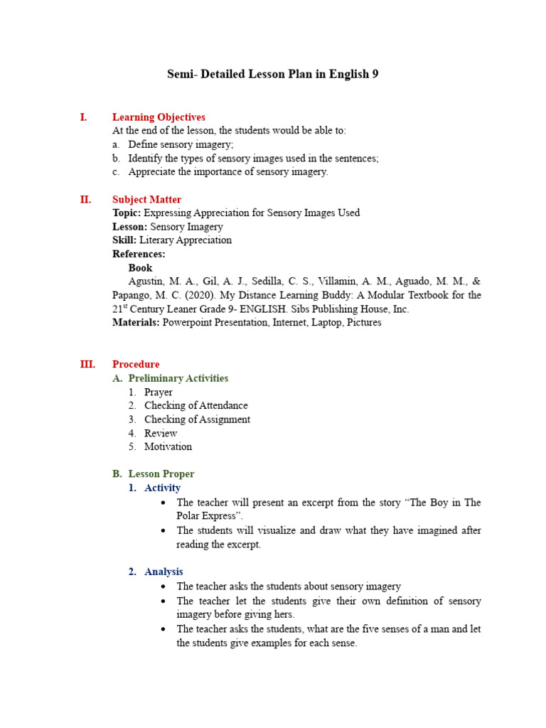 English 9: Exploring Sensory Imagery | PDF | Teachers | Cognition