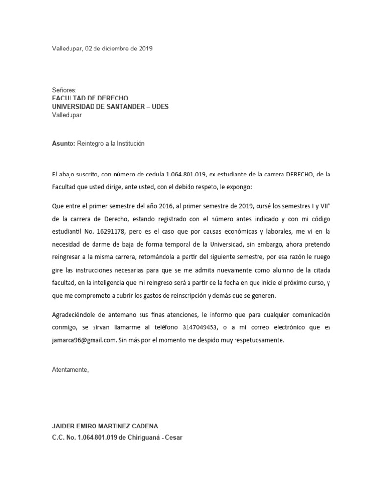 Carta de Reingreso A La Universidad | PDF