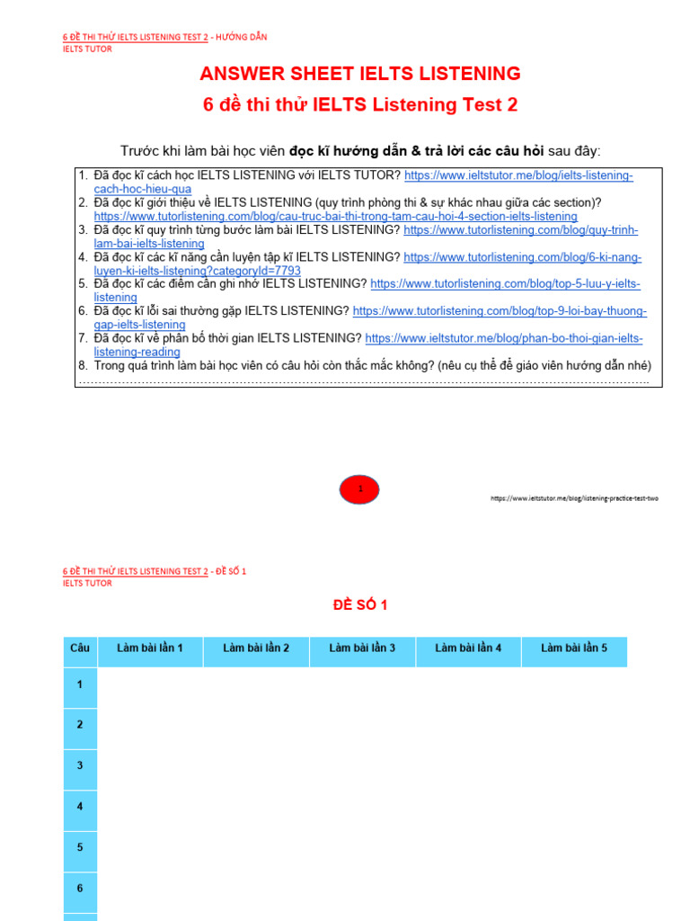 Answer Sheet Ielts Listening - 6 Đề Thi Ielts Listening Test 2 | PDF