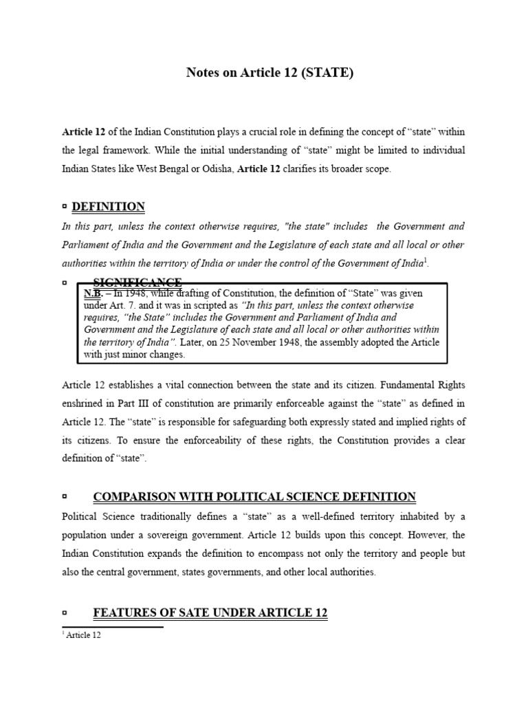 Notes On Article 12 (STATE) | PDF | Government Of India | Jurisdiction