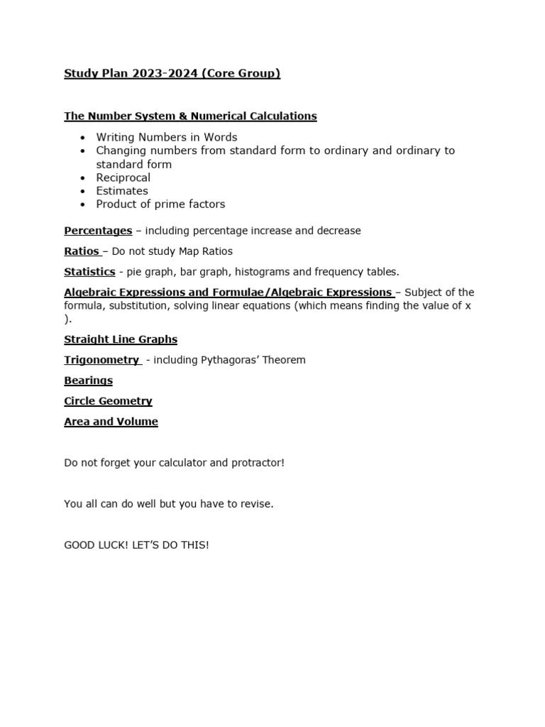 Study Plan S3 Core Maths | PDF