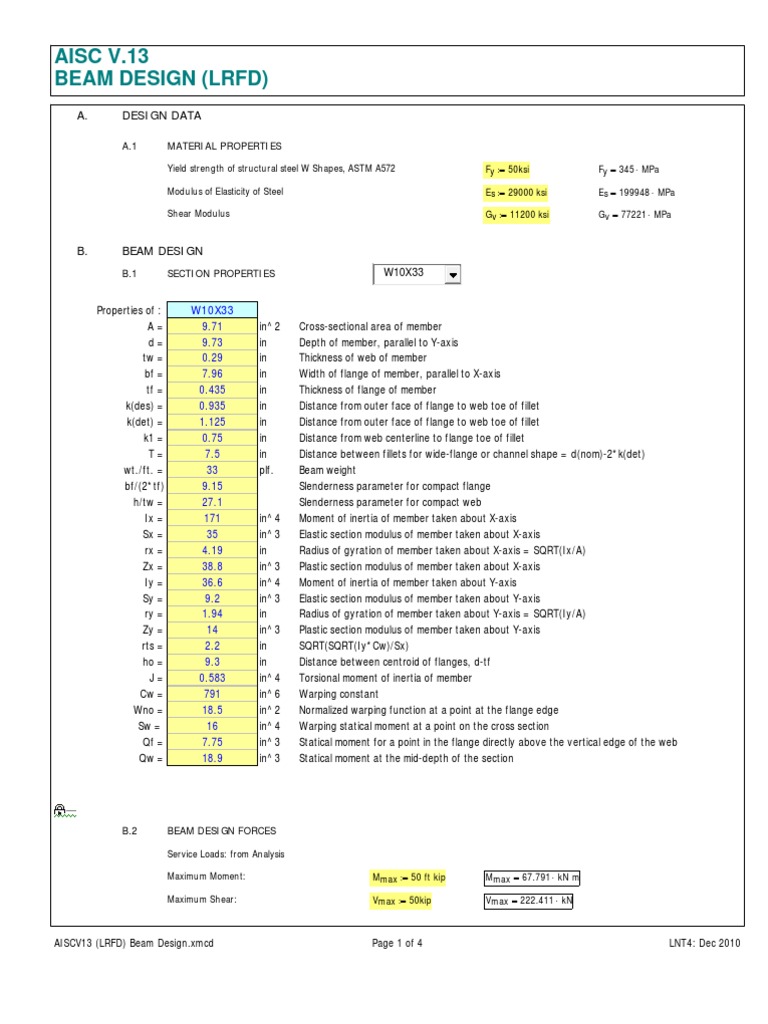 W10X33 Beam Design Summary | PDF | Bending | Beam (Structure)