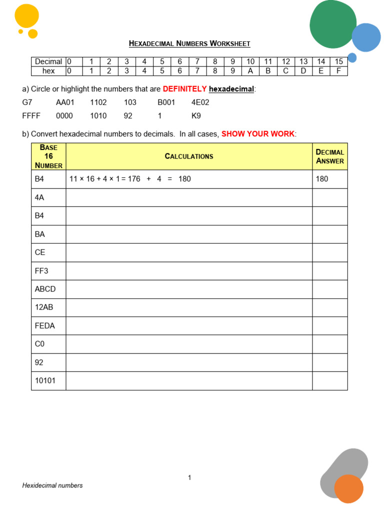 4 - Hexidecimal Worksheet | PDF | Naming Conventions | Computer Architecture