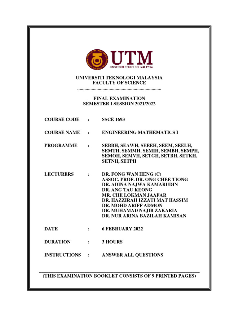 Sample Final Exam SSCE 1693 202120221 | PDF | Eigenvalues And ...