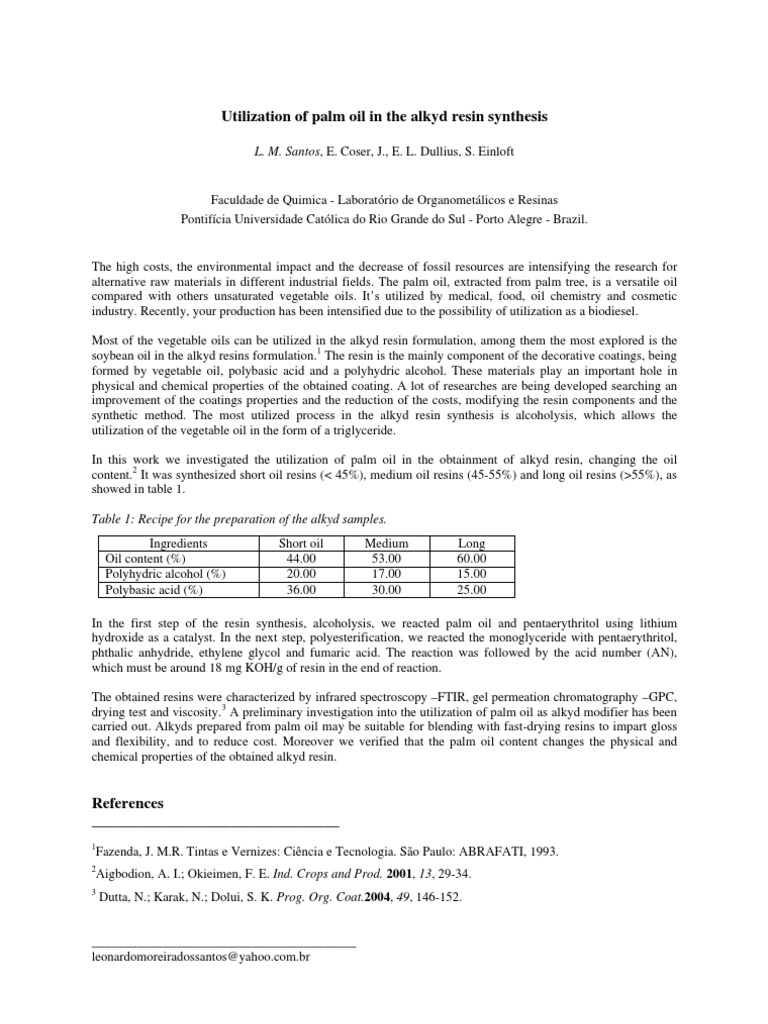 Utilization of Palm Oil in The Alkyd Resin Synthesis | PDF | Vegetable Oil | Chemical Substances