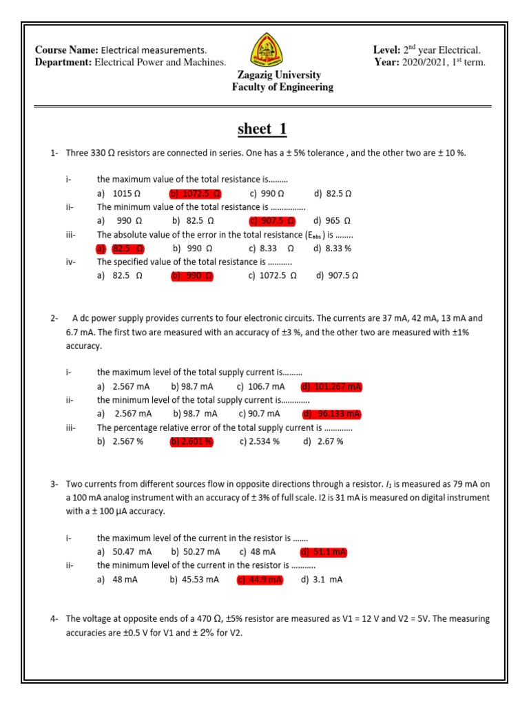 Sheet - 1 | PDF | Resistor | Electrical Resistance And Conductance