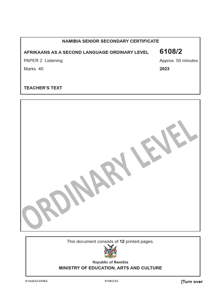 Ordinar Y Level: Namibia Senior Secondary Certificate Afrikaans As A ...