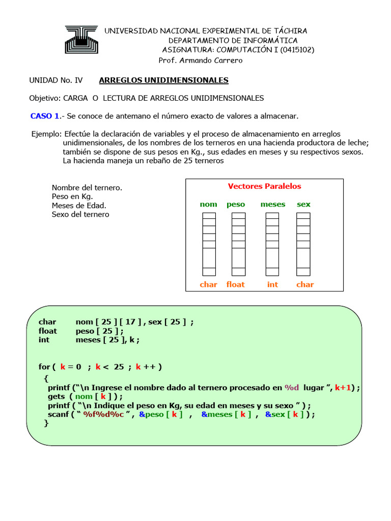 Guia No. 4 Arreglos Unidimensionales | PDF | Programación de computadoras | Informática