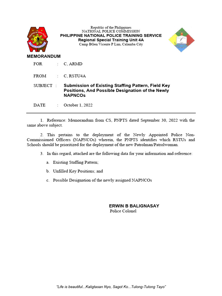 Submission of Existing Staffing Pattern, Field Key Positions, and Possible Designation of The ...