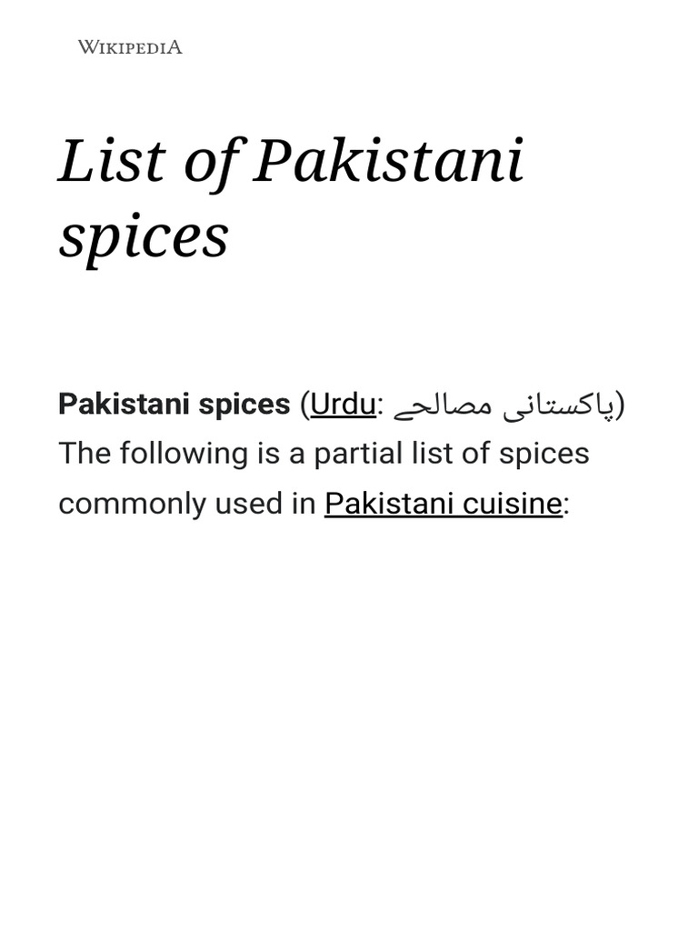 List of Pakistani Spices - Wikipedia | PDF