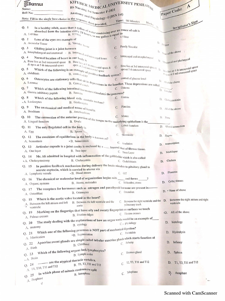 A & P 2021 Kmu Past Paper by Husain.Z | PDF