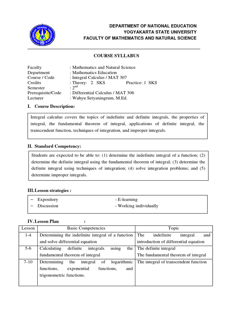 COURSE+SYLLABUS+Integral+Calculus | PDF | Integral | Function (Mathematics)