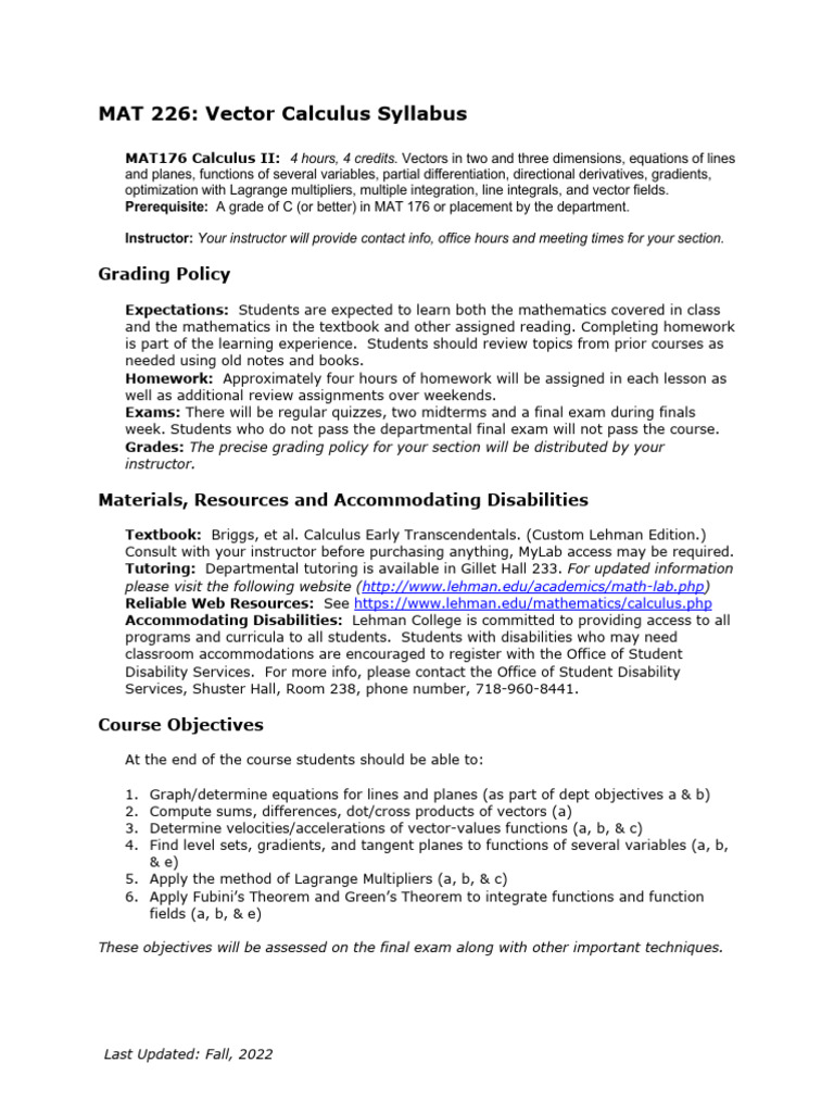MAT226 UniformSyllabus Fa22 | PDF | Gradient | Derivative
