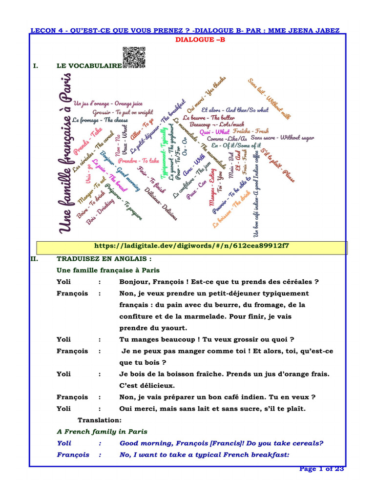 STD Xi Leçon 4 Qu'Est Ce Que Vous Prenez Dialogue B Par Mme Jeena | PDF