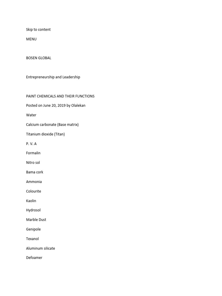 Chemicals Used in Paint and There Functions | PDF | Paint | Water