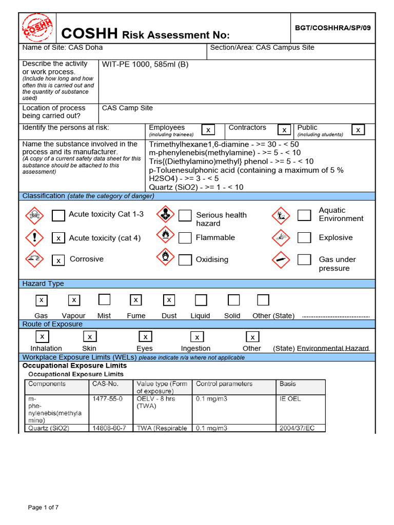 CoSHH Blank Risk Assessment Template 2024 | PDF | Business Law | Risk